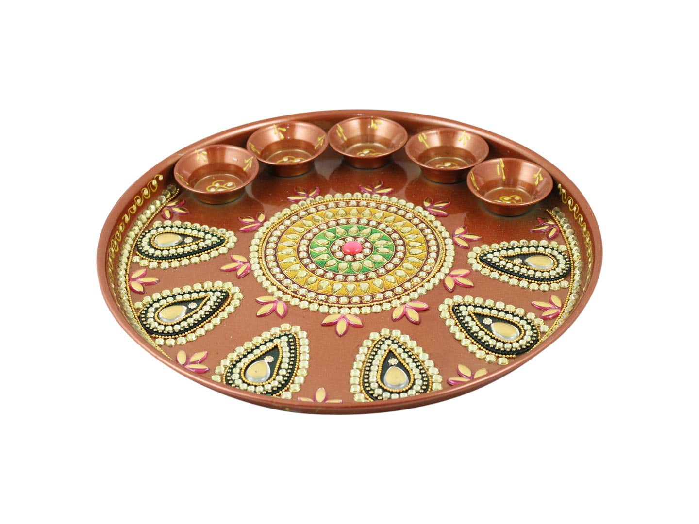 GoldGiftIdeas Leaf Design Kundan Work Hand Paint Aarti Pooja Thali Set ...