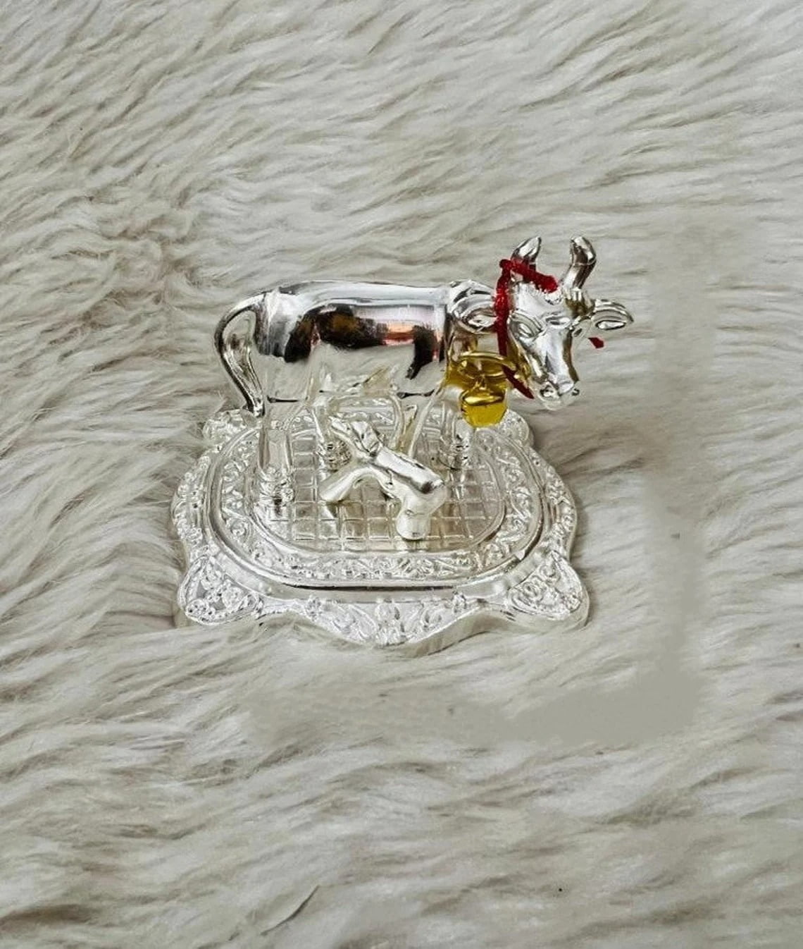 GoldGiftIdeas Oxidized Silver Plated Cow and Calf Idol, Kamdhenu Cow ...