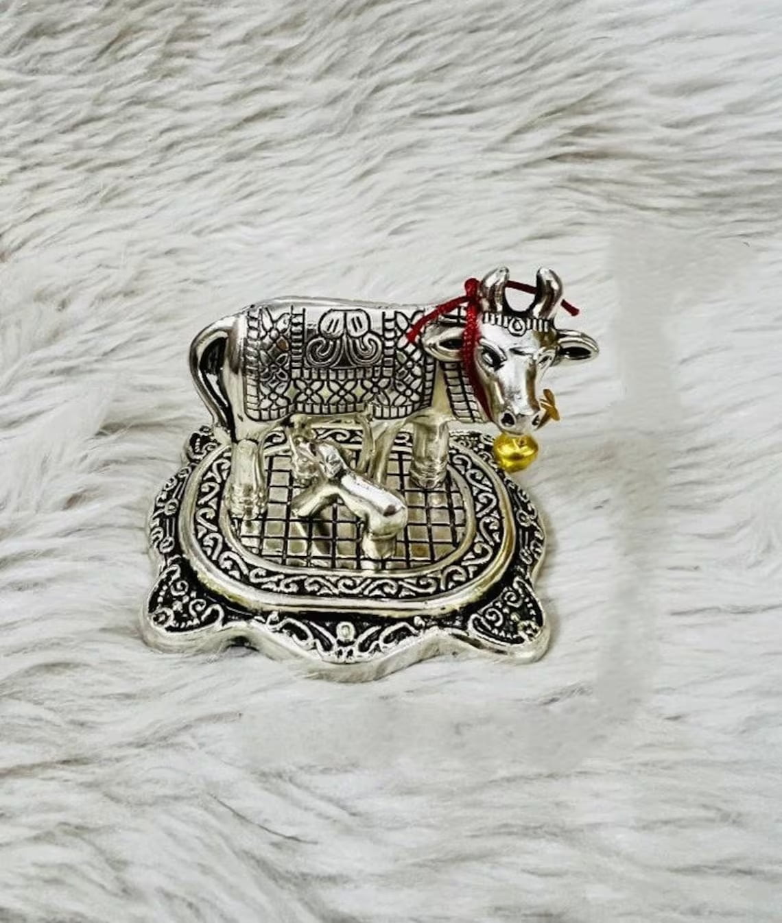 GoldGiftIdeas Oxidized Silver Plated Oval Cow and Calf Idol, Return ...