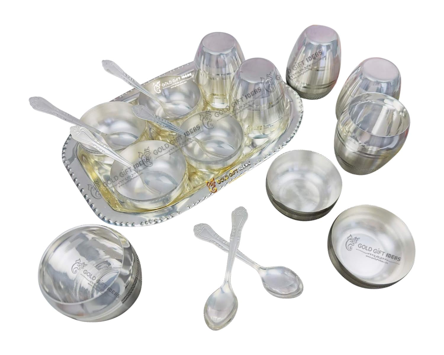 GoldGiftIdeas Silver Plated Matka Six Glass Bowl Combo Set with Tray ...