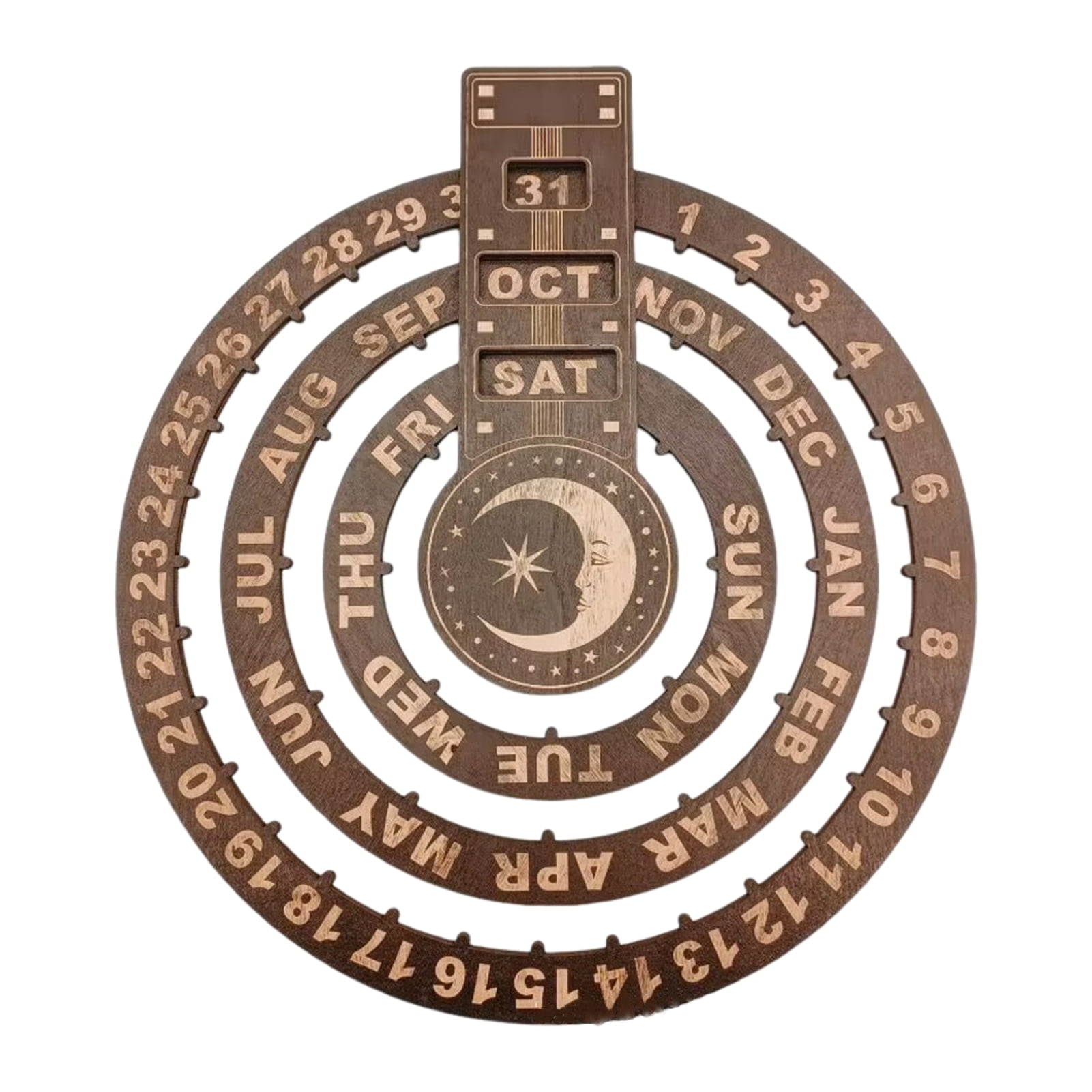GoldHub Wooden Rotating Circular Perpetual Calendar Moon Tree Sun Round ...