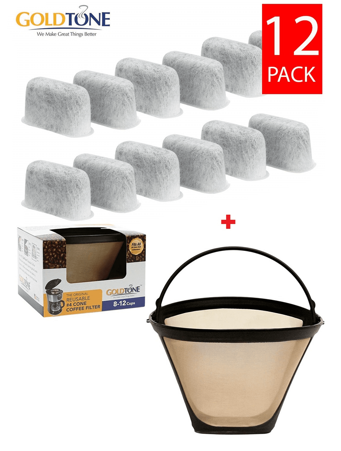 GoldTone Combo Pack: 8-12 Cup Coffee Filter & 12 Charcoal Filters for ...