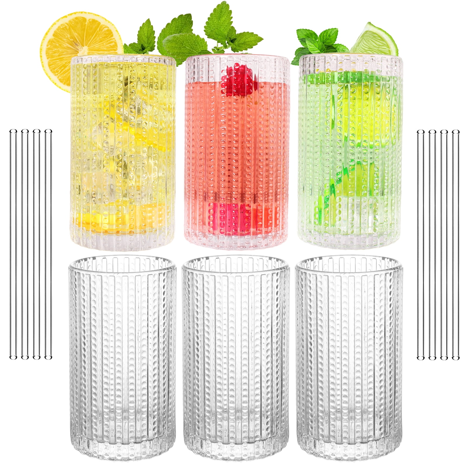 Goldarea 15oz Clear Vintage Drinking Glasses Set of 6, Ribbed Hobnail ...