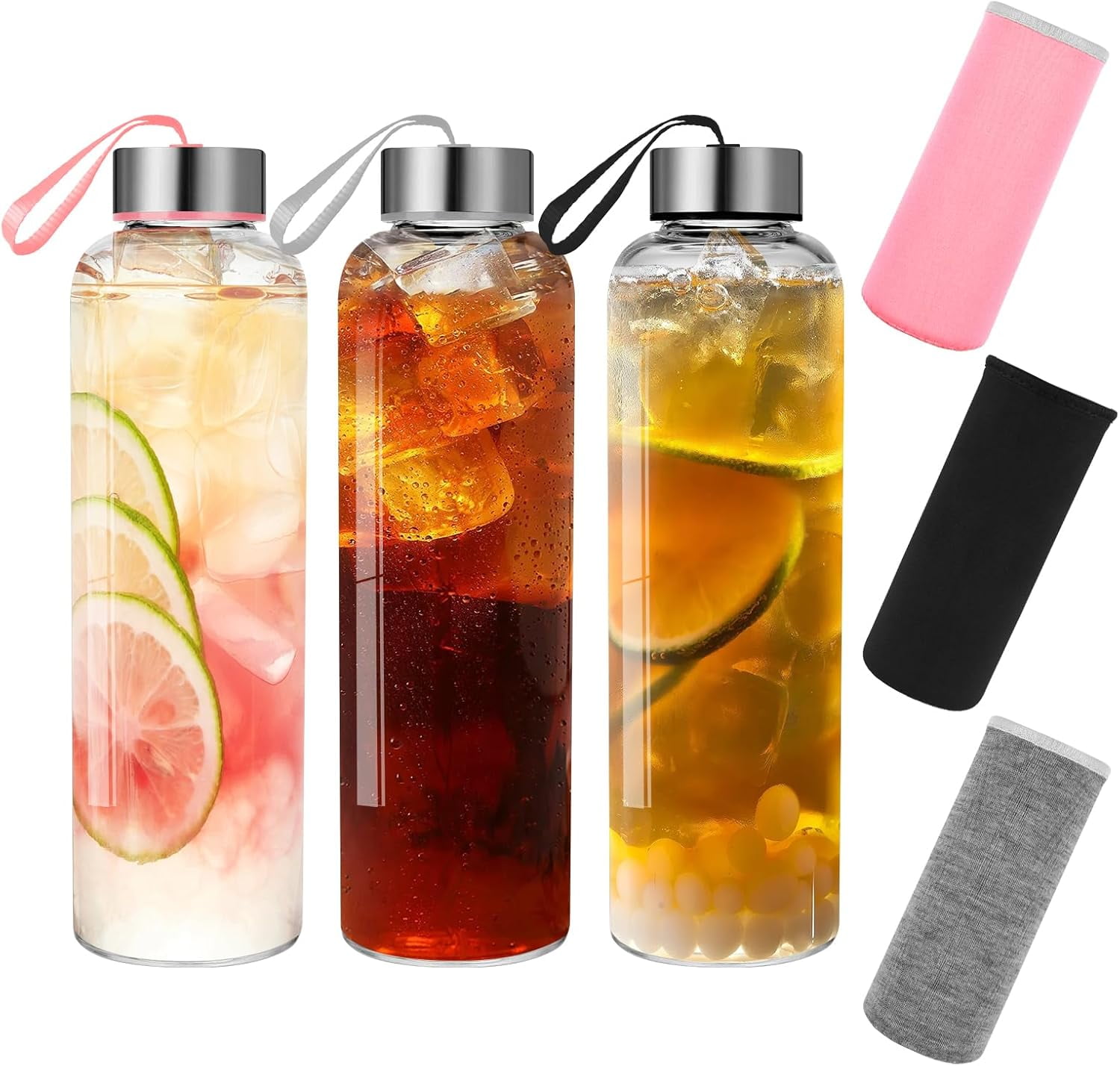 Goldarea 3Pcs 18oz Portable Glass Water Bottles with Screw Cap,Clear ...