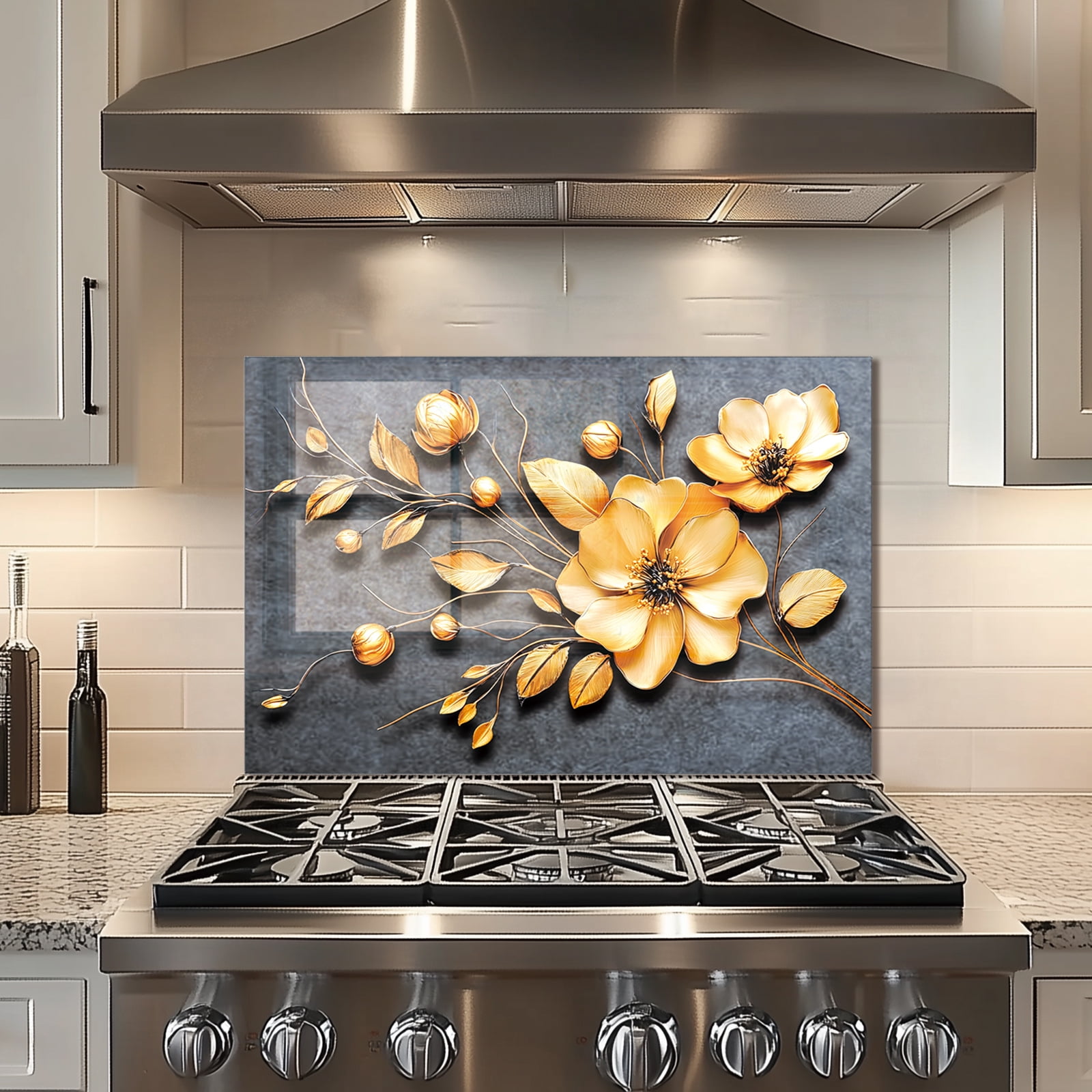 Golden 3D Flower Tempered Glass Backsplash For Kitchen Behind Stove ...