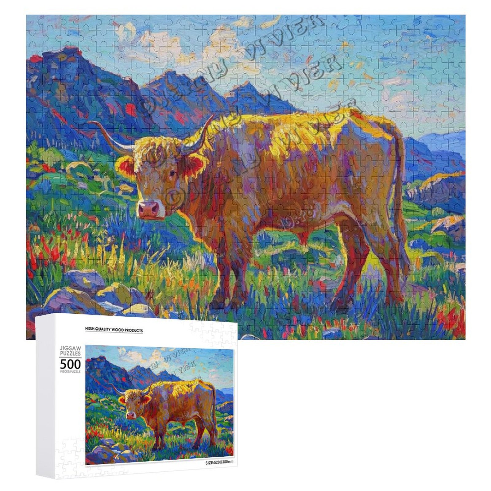 Golden Abstract Cow Puzzle – 500 Piece Wooden Jigsaw – Stress-Relieving ...