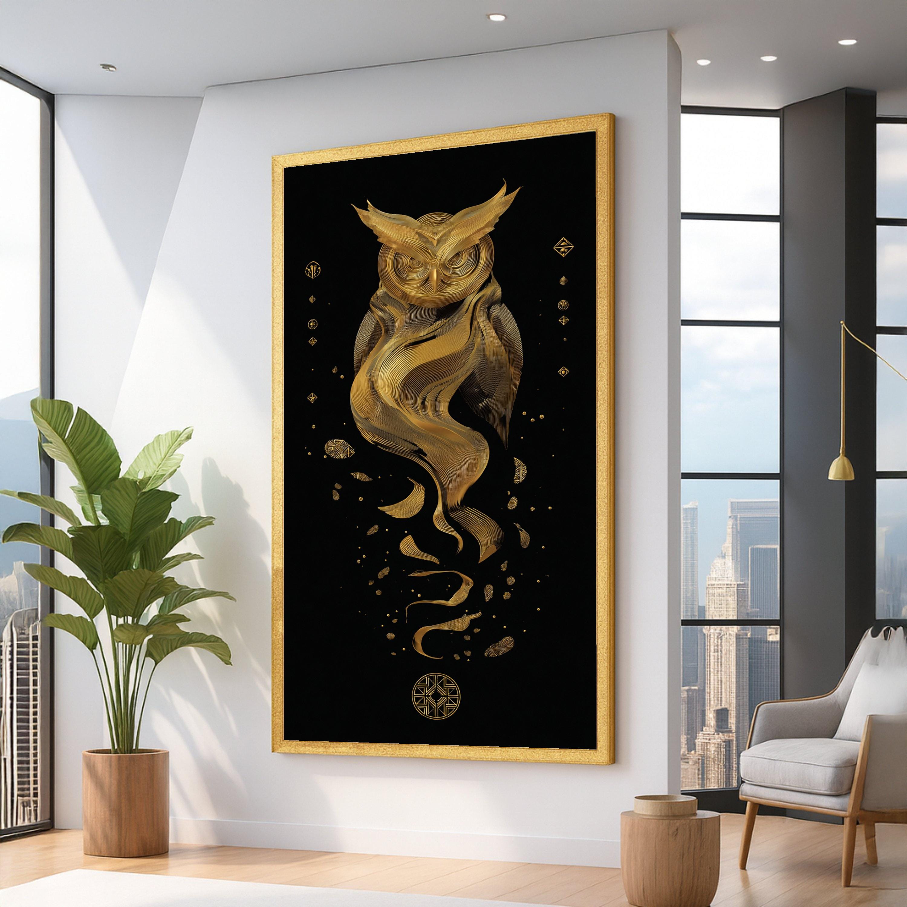 Golden Abstract Owl Wall Art, Modern Animal Illustration, Luxurious ...