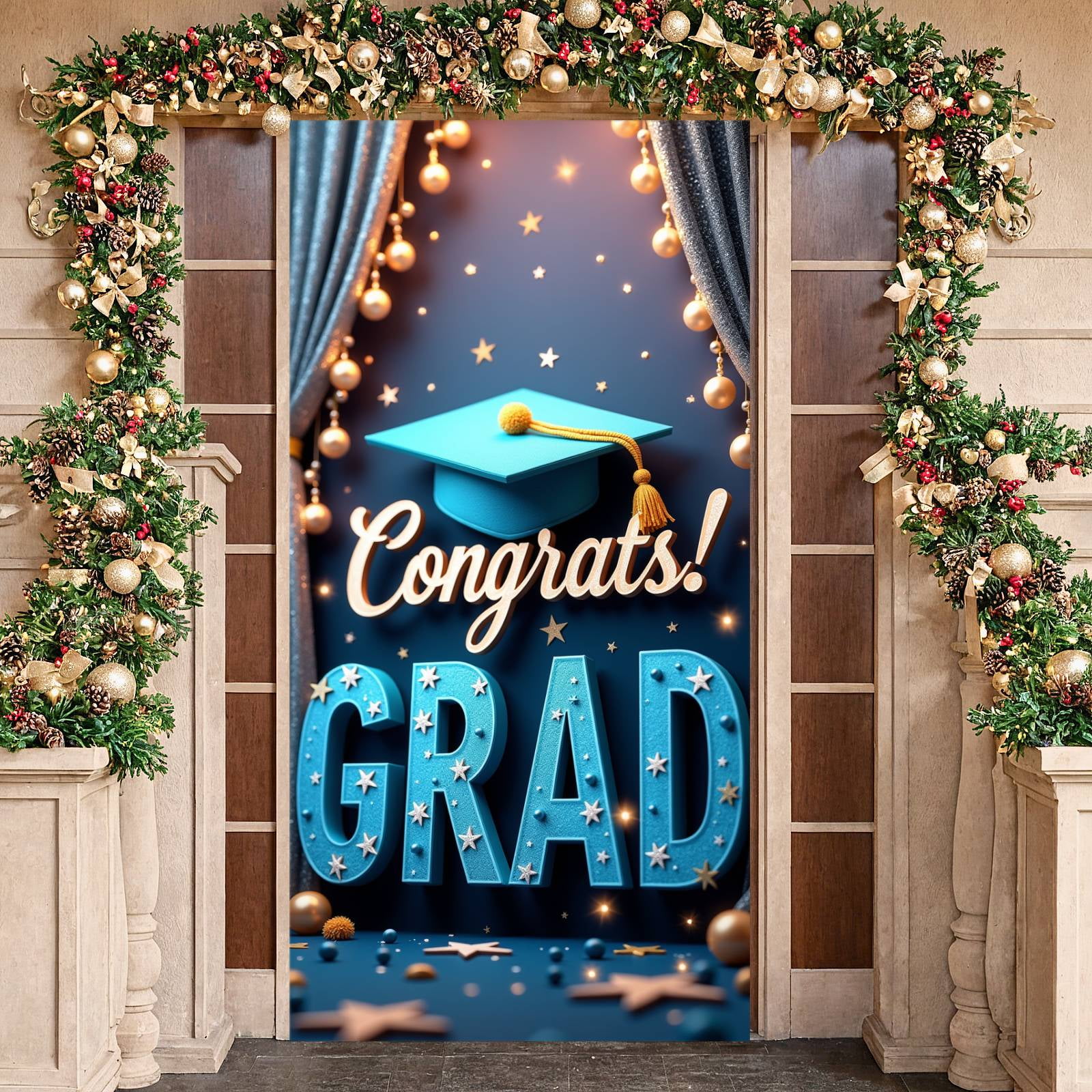 Golden Accents Graduation Banner Blue Graduation Caps Inspirational ...
