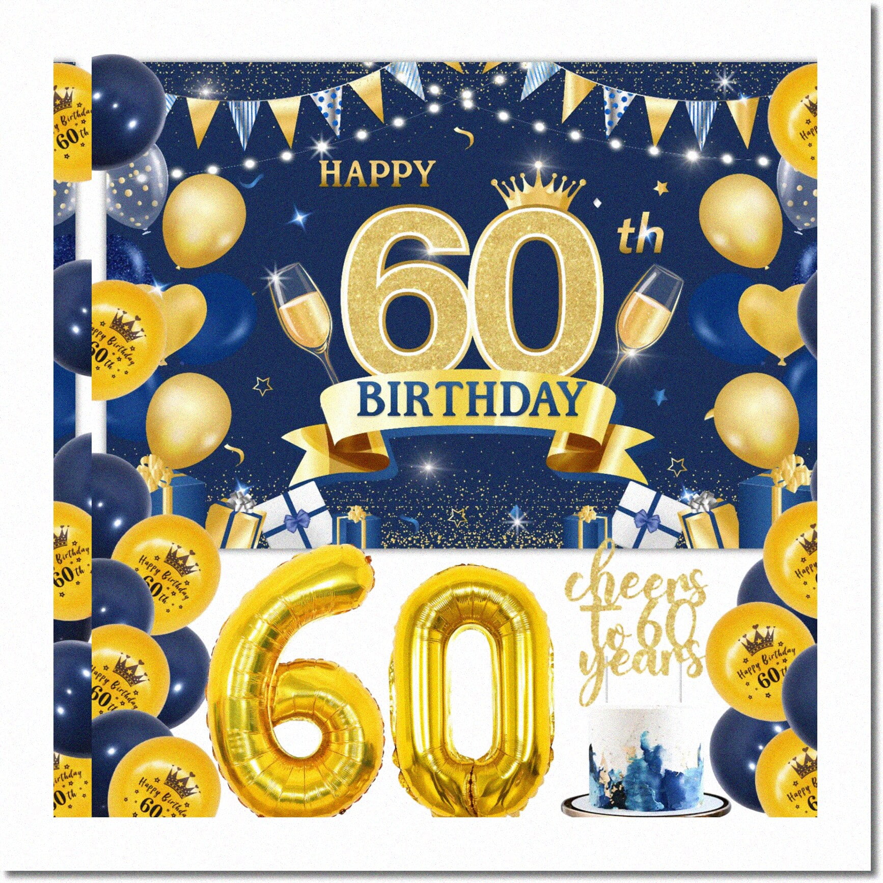 Golden Age Navy Blue 60th Birthday Party Pack - Happy 60th Backdrop ...