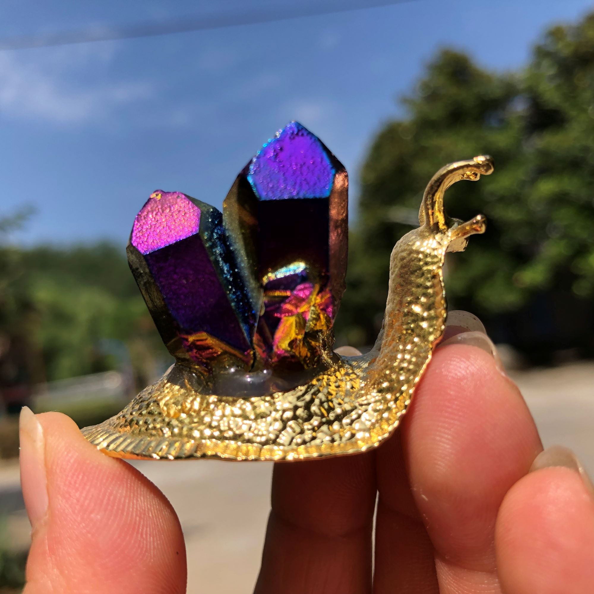 Golden Alloy Snail Carrying rainbow Crystal Mineral, Natural Quartz ...