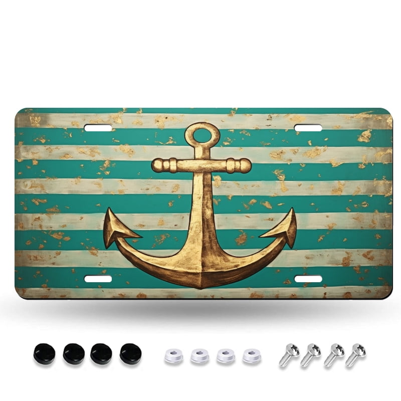 Golden Anchor on a Blue - and - White Striped Background with a Vintage ...