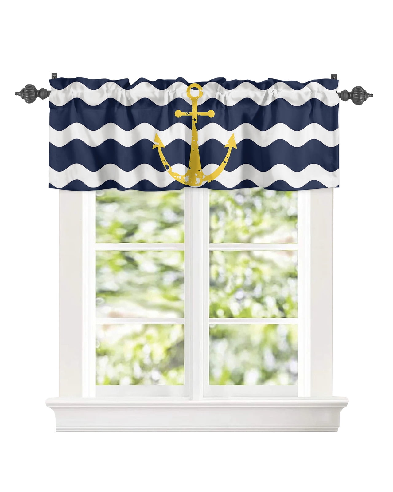 Golden Anchor Navy Blue White Ripples Window Treatment Panel for Living ...