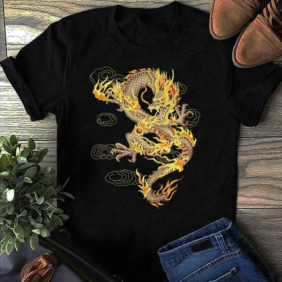 Golden Asian Dragon Fire Art Front Print Traditional Mythical Creature ...