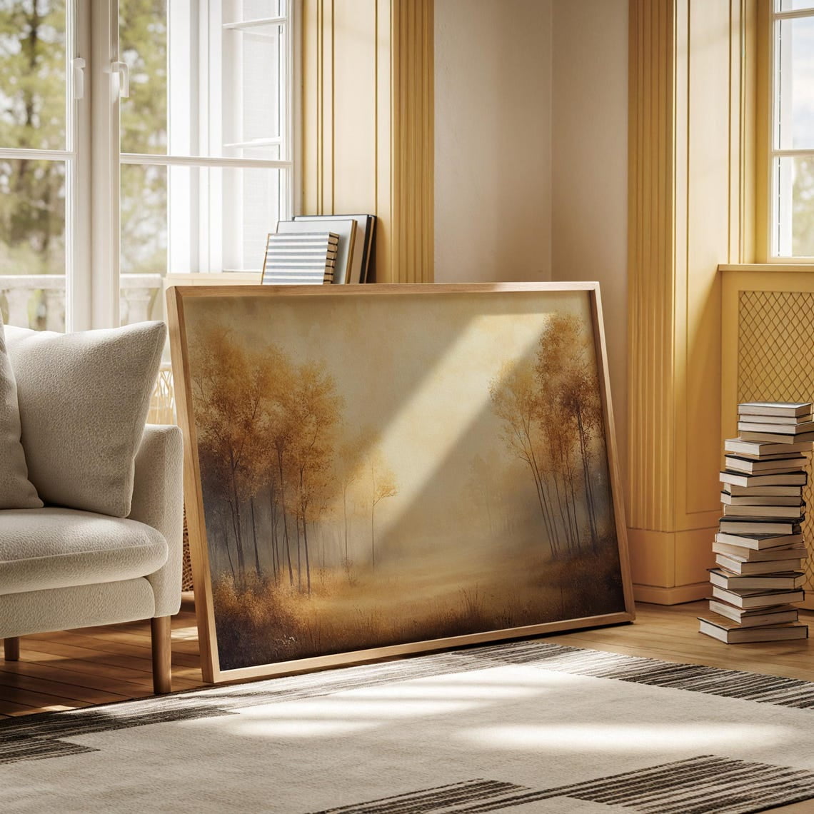 Golden Autumn Trees Wall Art - Misty Morning Landscape Painting, Fall ...