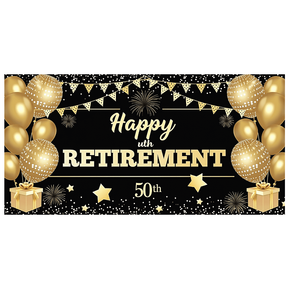 Golden Balloons Happy Retirement Banner Glitter Fireworks Black ...
