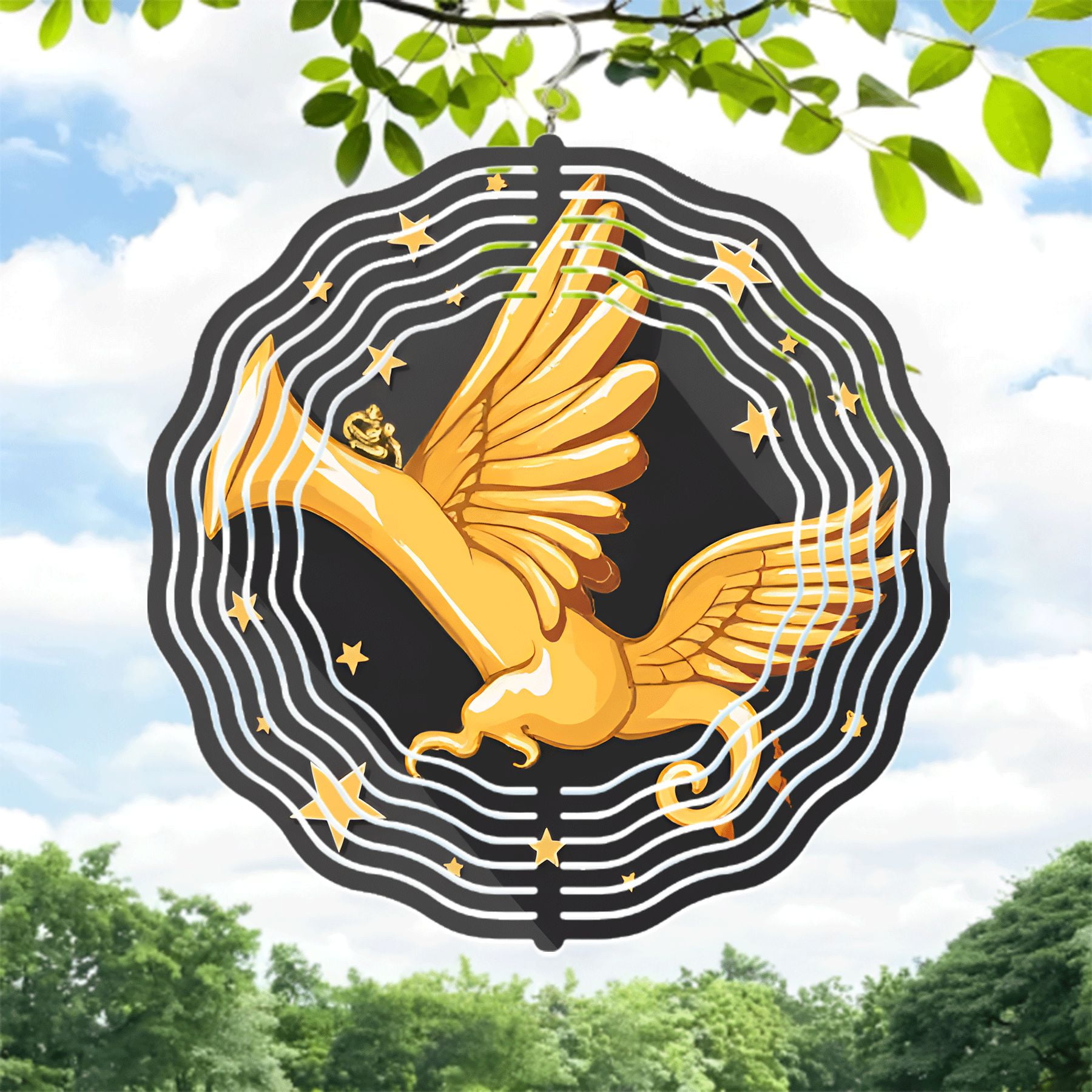 Golden Bird Metal Wind Spinner with Celestial Waves & Stars - Stylish ...