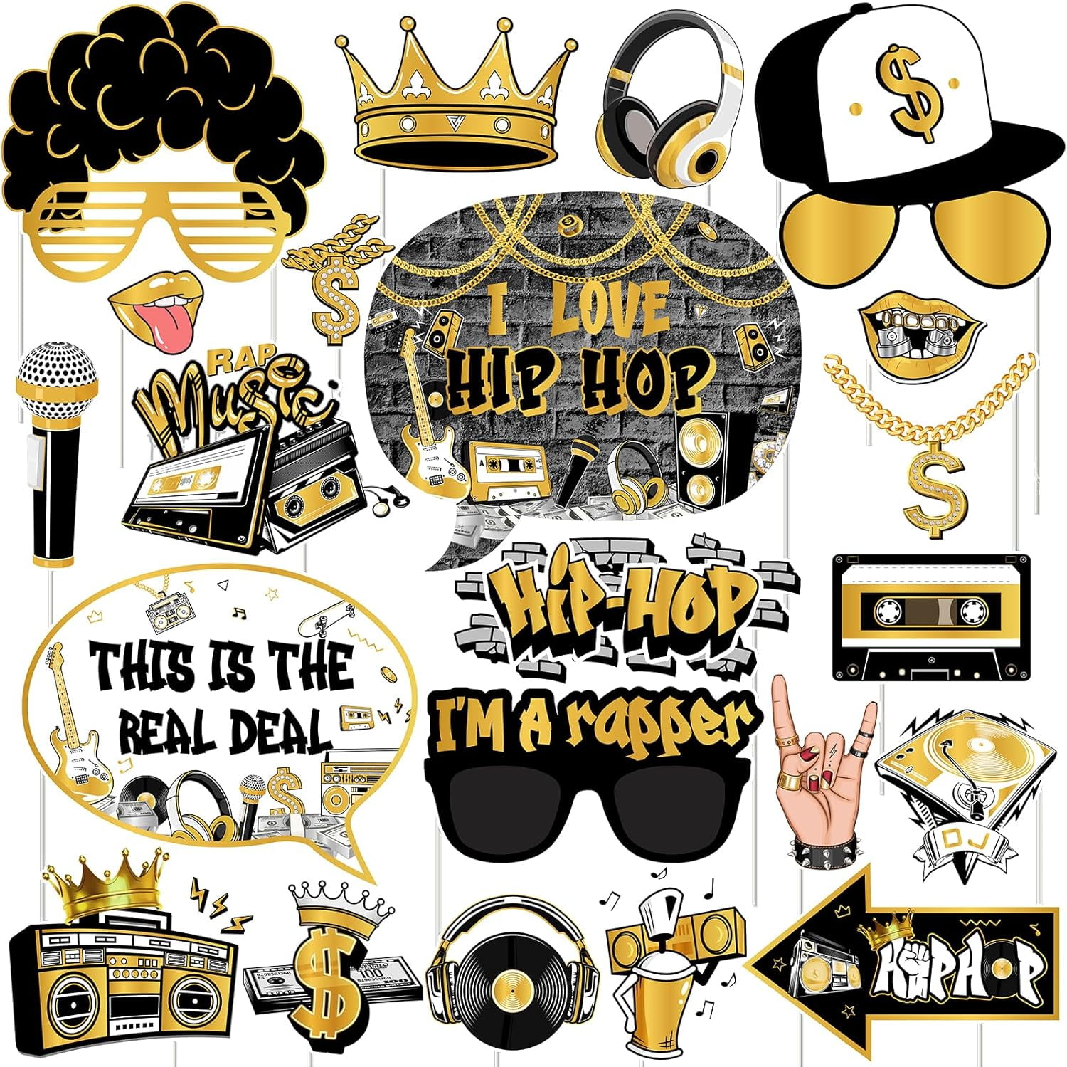 Golden and Black Hip Hop Photo Booth Props - 24 Pieces Retro Rock and Roll 90s Disco Music ...