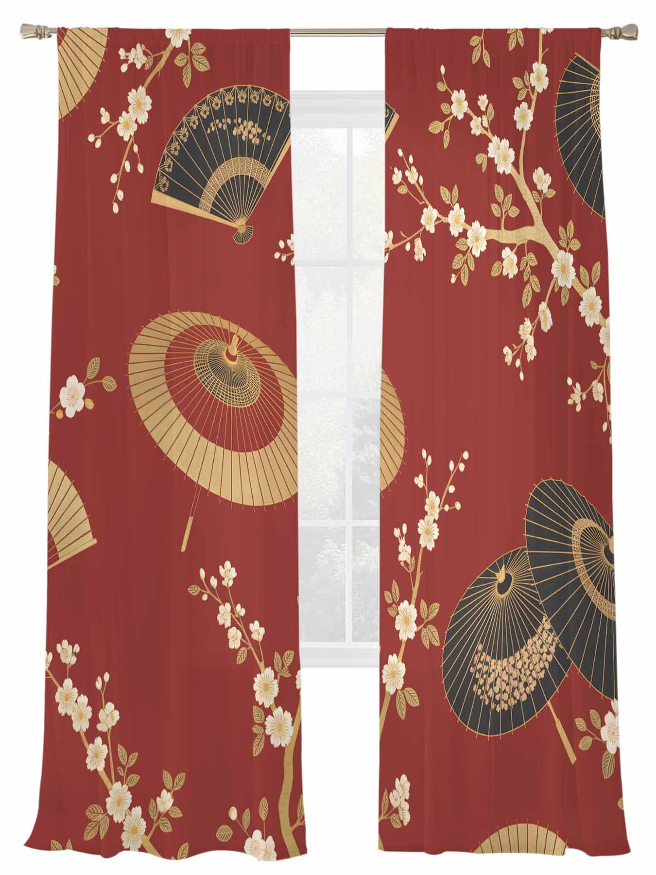Golden Black Paper Fan Sheer Curtains 2 Panels Set Cherry Blossom ...
