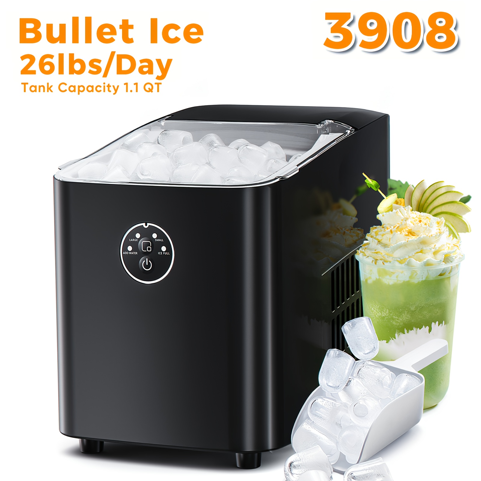 Golden Block Ice Maker with Scoop & Basket - 7-Min Soft Ice, 26/35 lbs ...