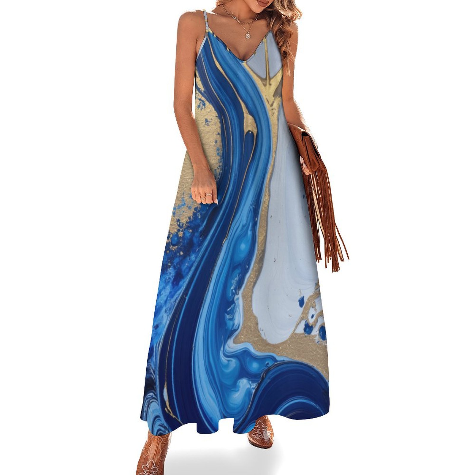 Golden Blue Abstract Art Design Sleeveless Dress Woman Fashion Long ...