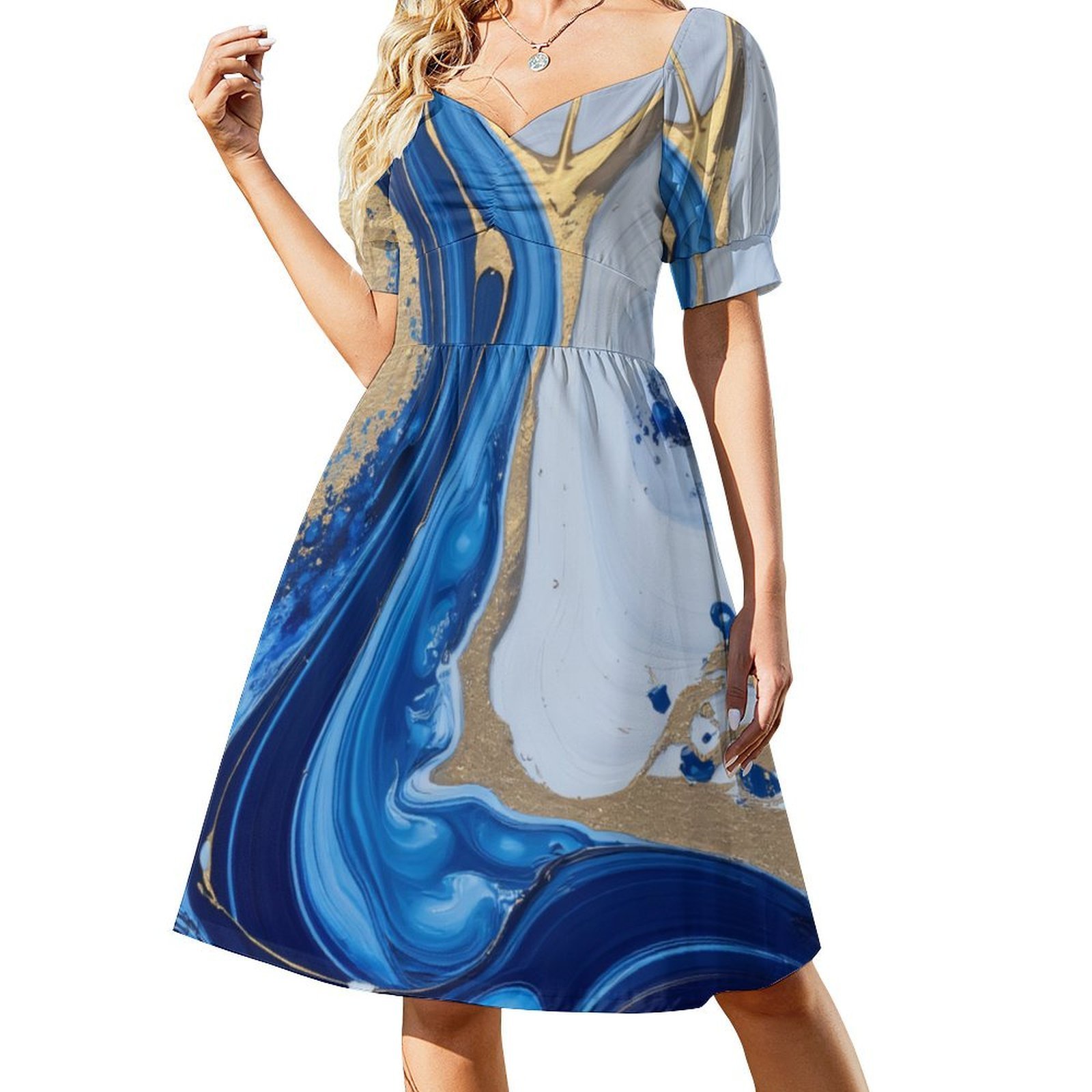 Golden Blue Abstract Art Summer Women's Dress 2025 Elegant Dresses Plus ...