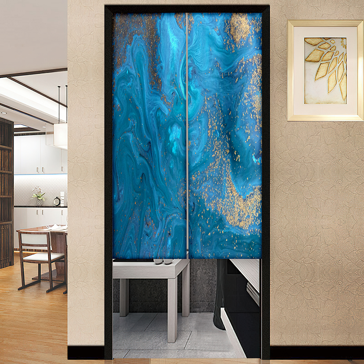 Golden Blue Marble Door Curtain No Punching Partition Kitchen Japanese ...