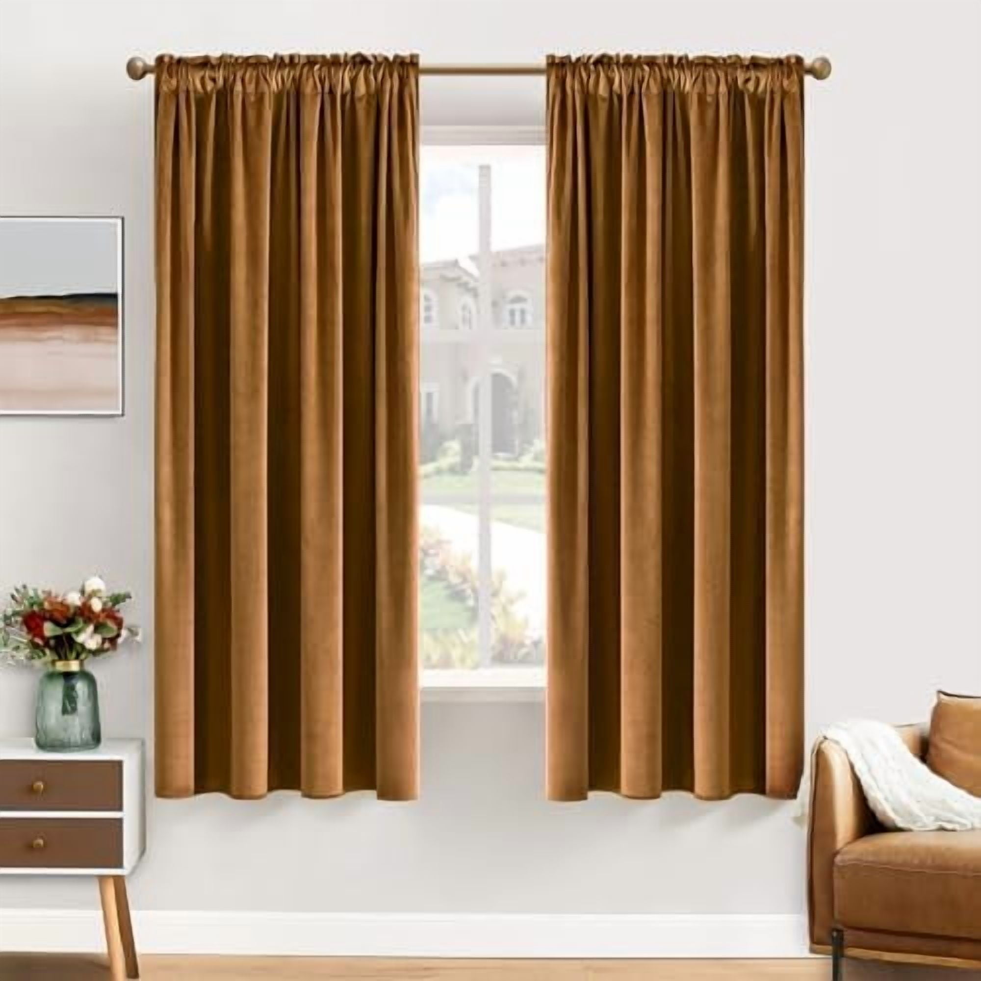 Golden Brown Velvet Curtains Thermal Insulated Blackout Curtain Drapes ...
