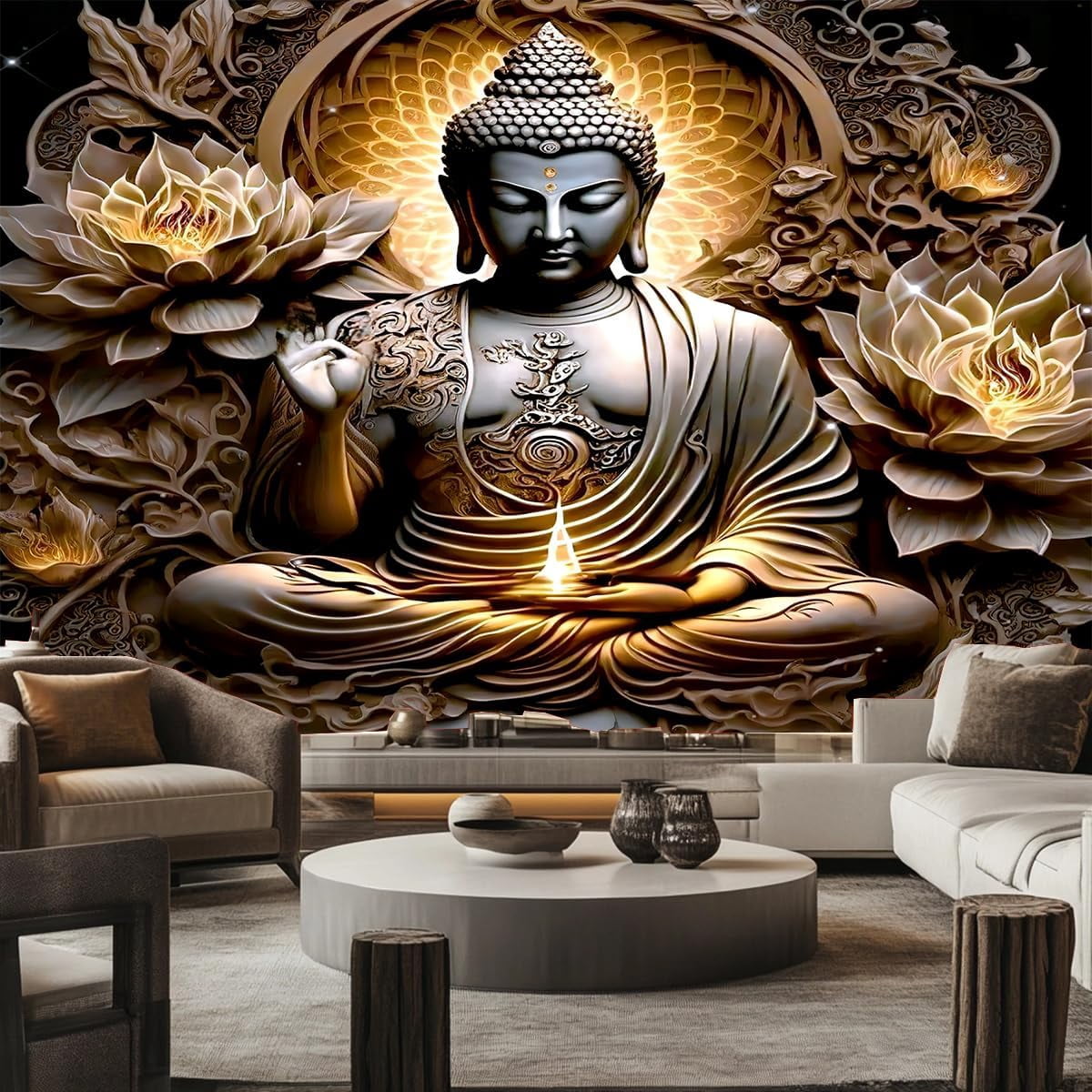 Golden Buddha Meditation Tapestry Wall Hanging with Lotus Design ...