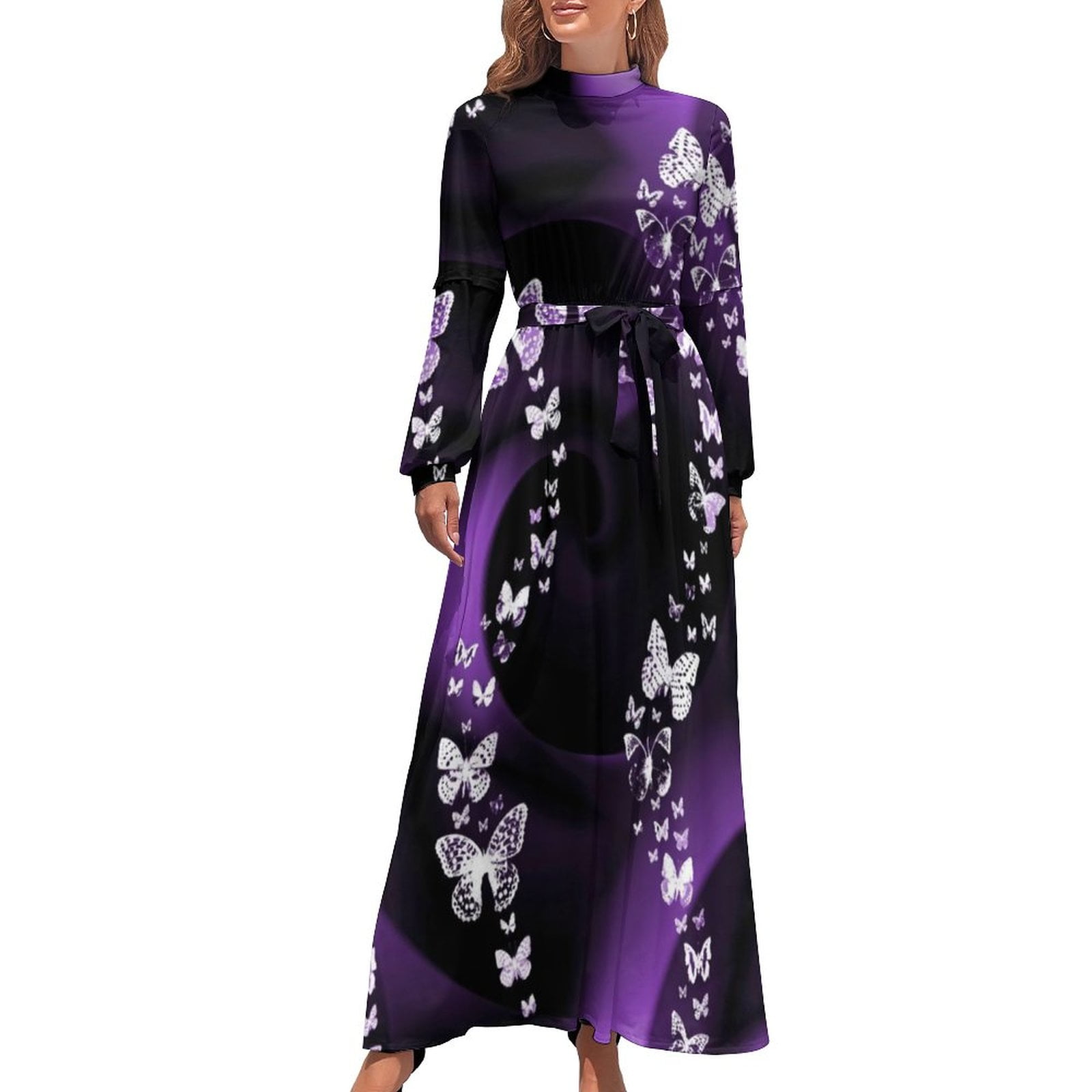 Golden Butterfly Dress Long Sleeve Evil Eye Print Elegant Maxi Dress ...