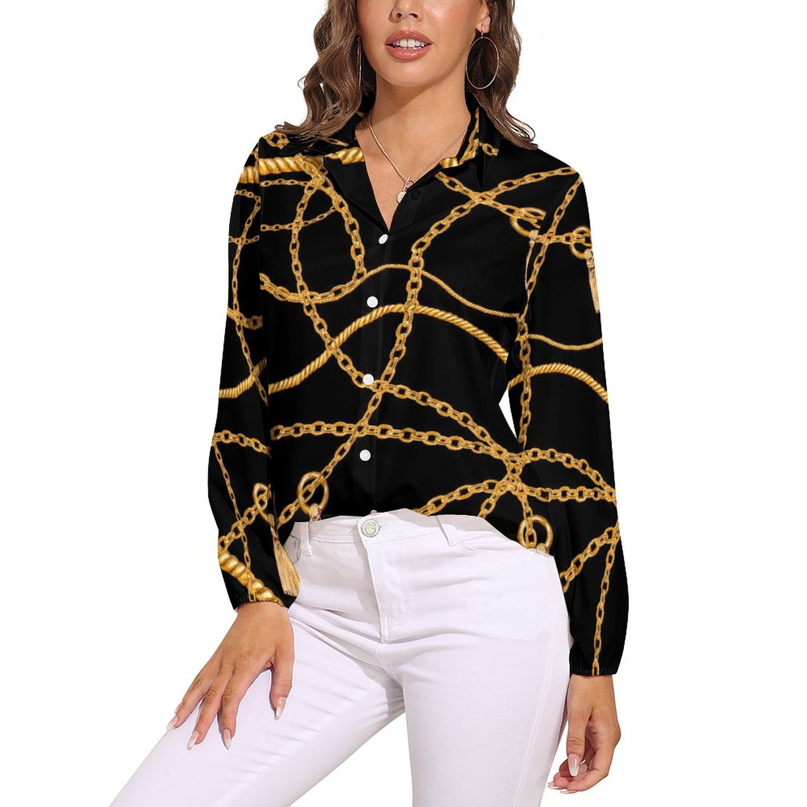 Golden Chain Blouse Baroque Floral Aesthetic Printed Blouses Women ...