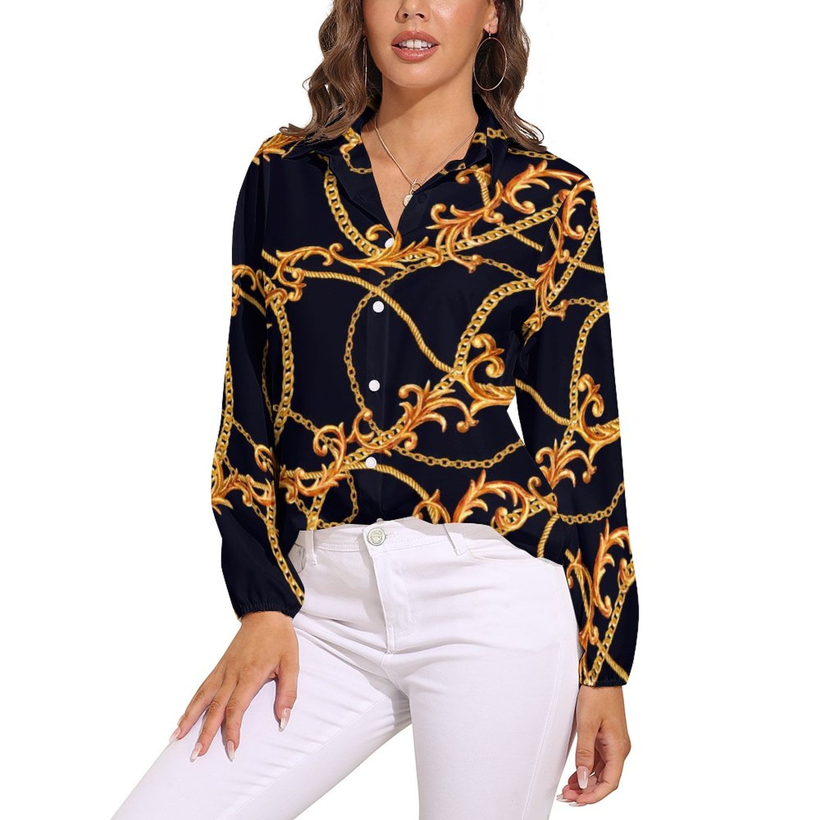 Golden Chain Blouse Baroque Floral Aesthetic Printed Blouses Women ...