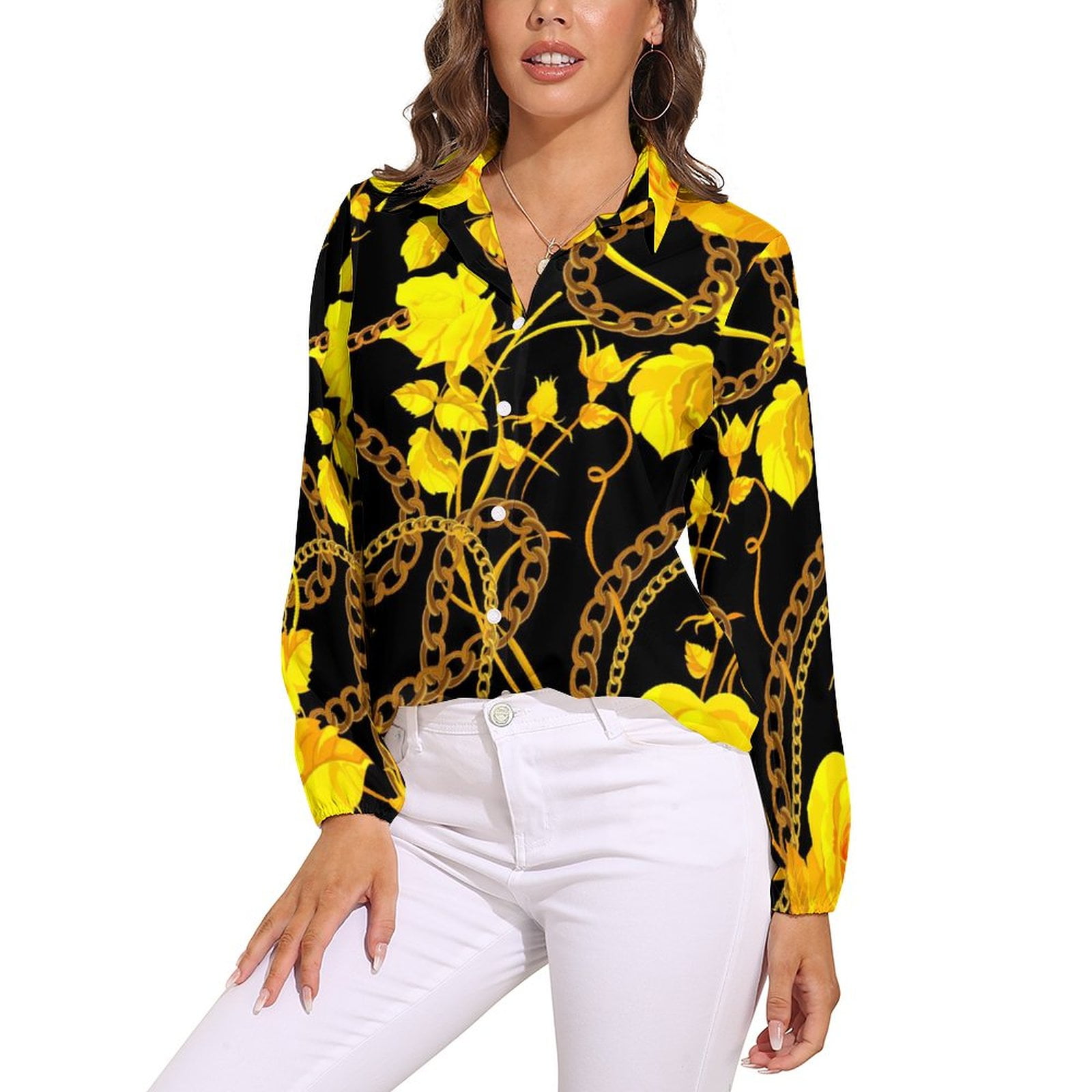 Golden Chain Blouse Baroque Floral Aesthetic Printed Blouses Women ...