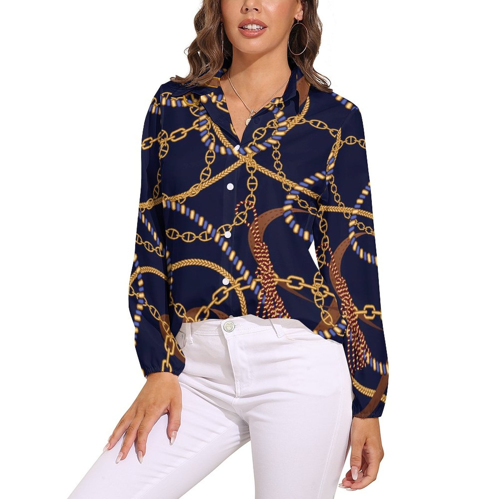 Golden Chain Blouse Baroque Floral Aesthetic Printed Blouses Women ...