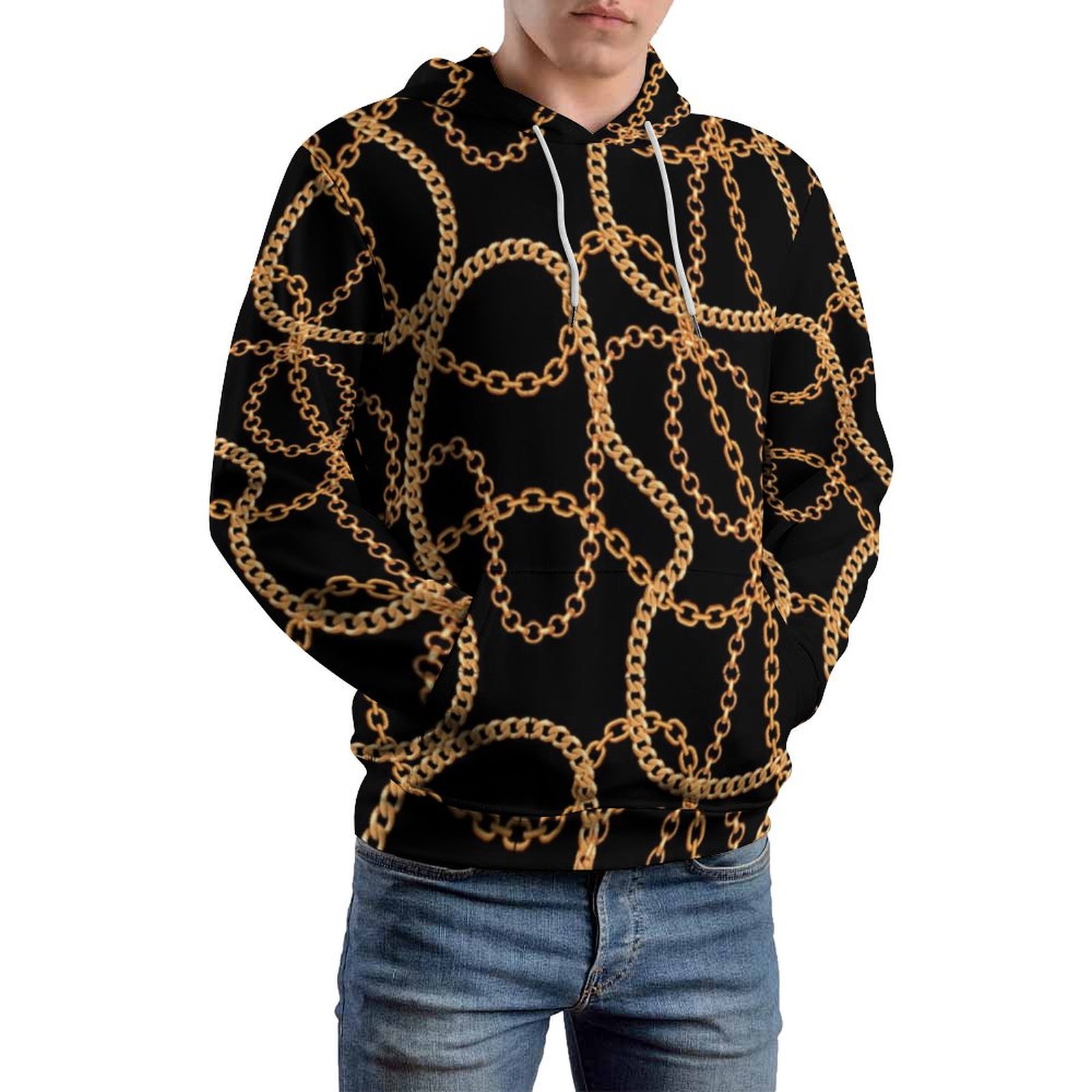 Golden Chain Print Loose Hoodies Vintage Floral Pullover Hoodie Man ...