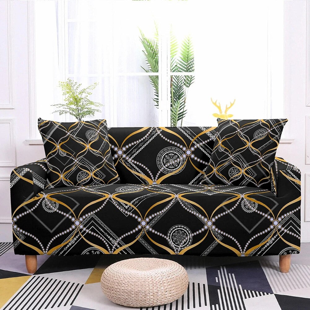 Golden Chain Print Sofa Cover Polyester Stretch Couch Cover For Living ...