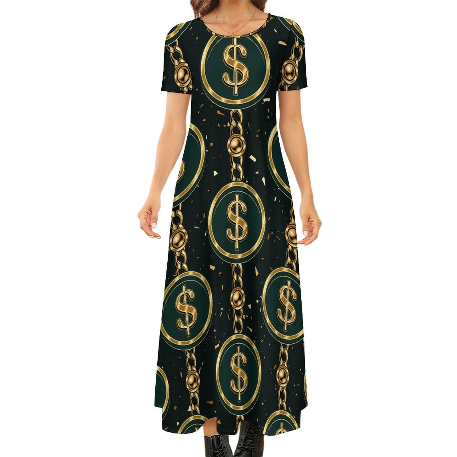 Golden Chains Dress White Florals Kawaii Maxi Dress Female Short Sleeve Funny Bohemia Long ...