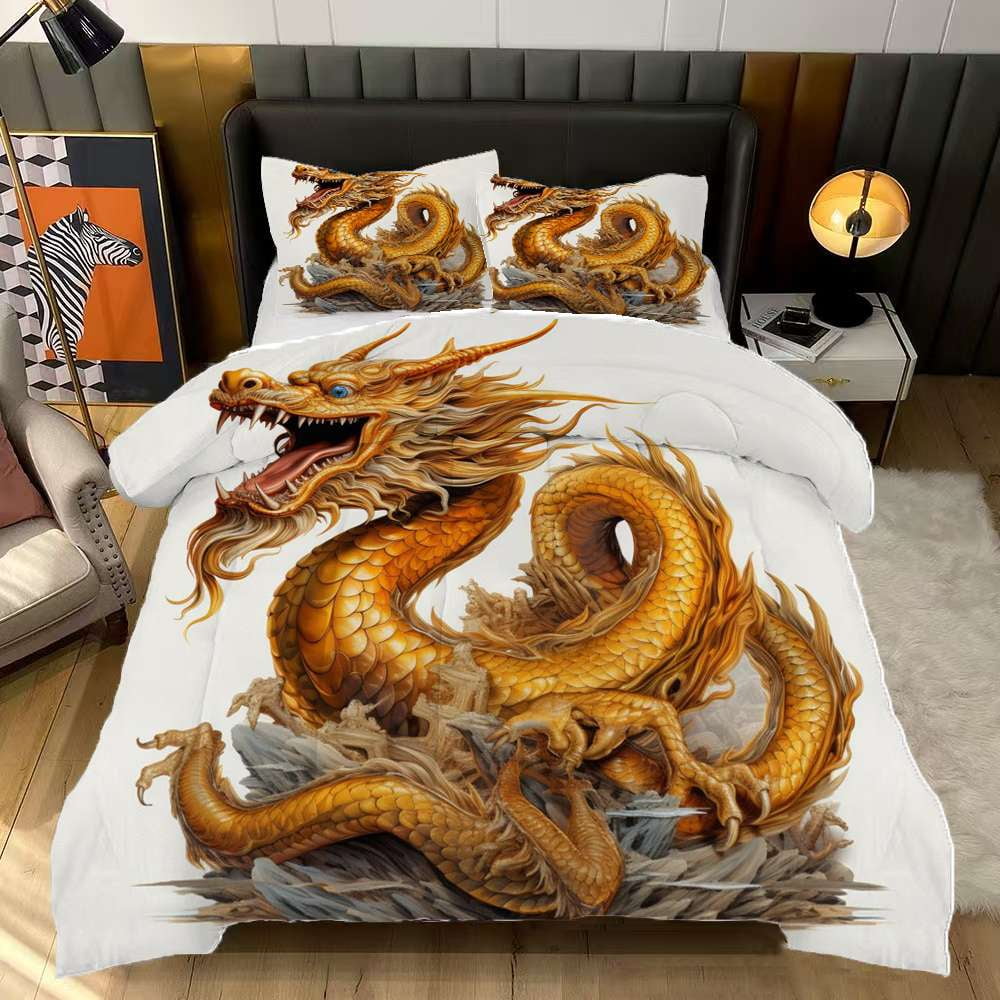 Golden Chinese Dragon Illustration Comforter Set King Size Bedding Set ...