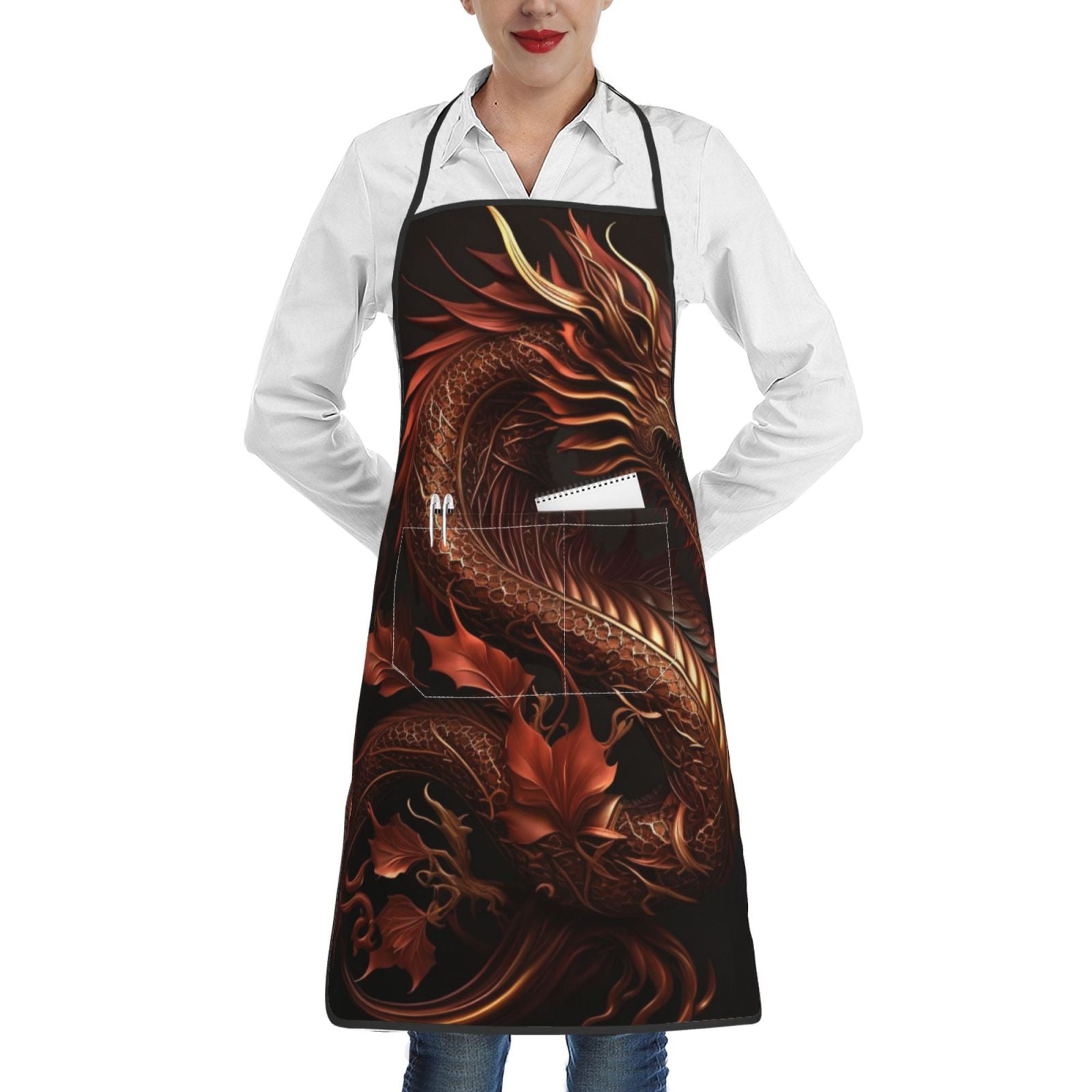 Golden Chinese Dragon Red Art Apron with Pocket Cooking Waterproof Bib ...
