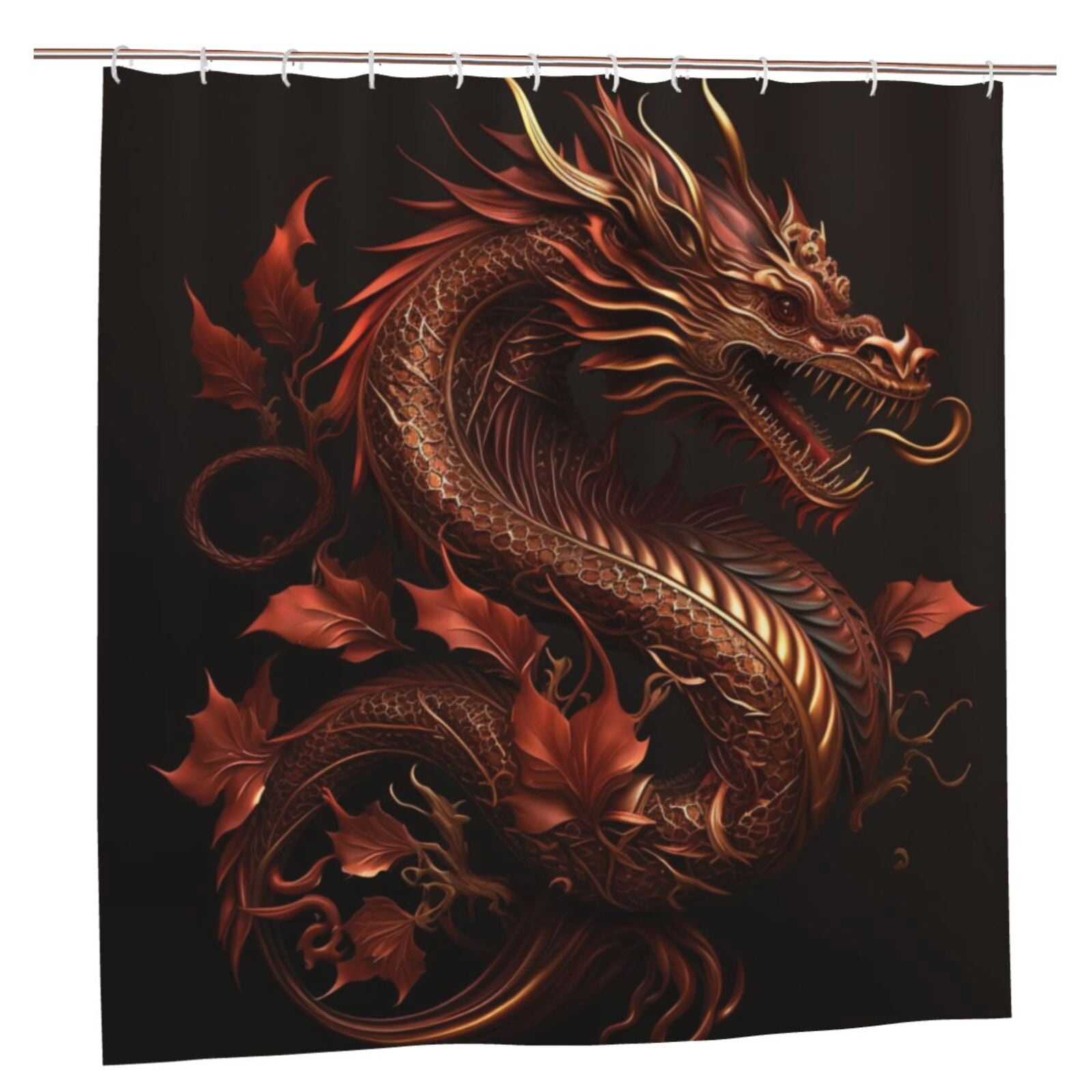 Golden Chinese Dragon Red Art Shower Curtain with 12 Plastic Hooks ...