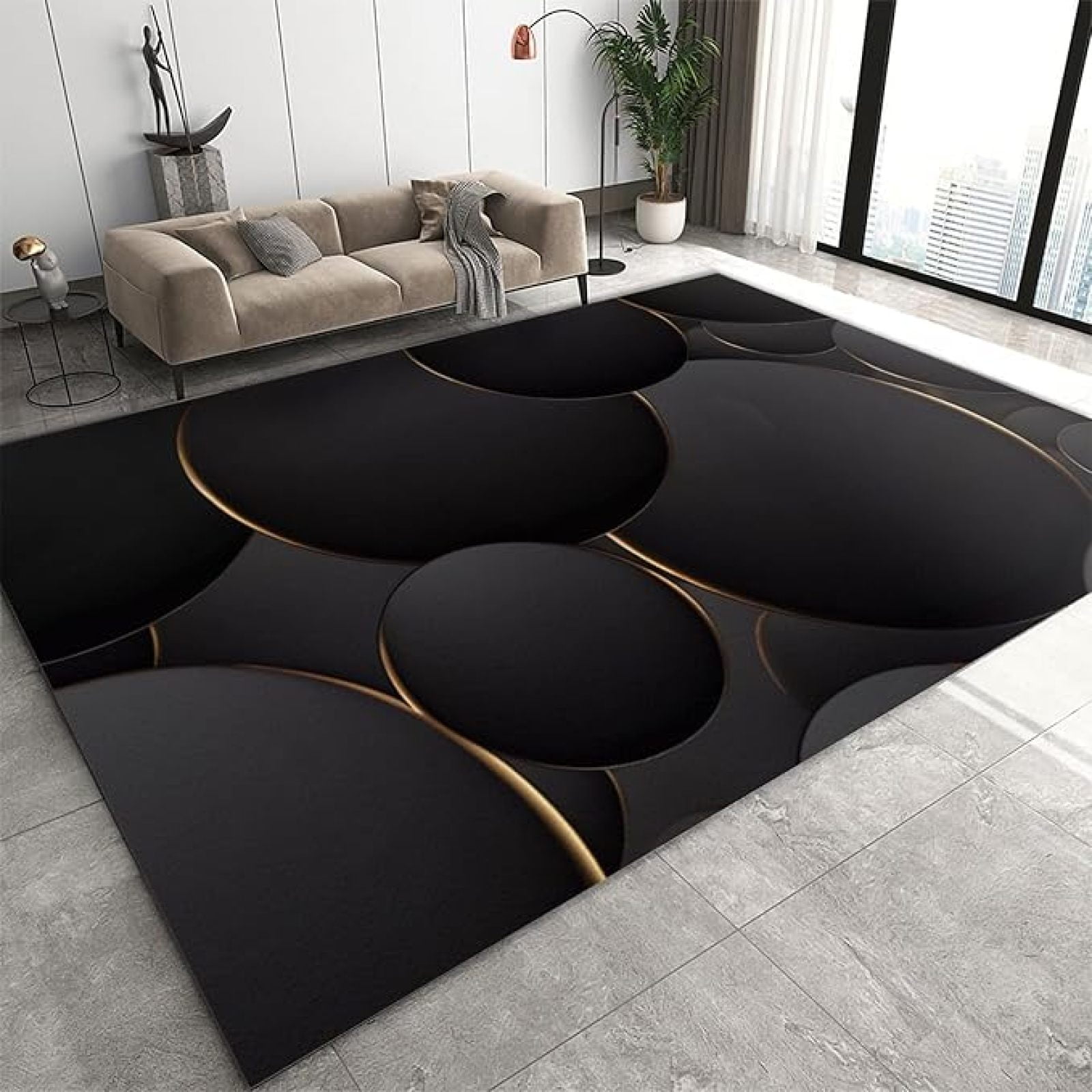 Golden Circle Irregular Geometry Area Rug, Black Background Non Slip ...