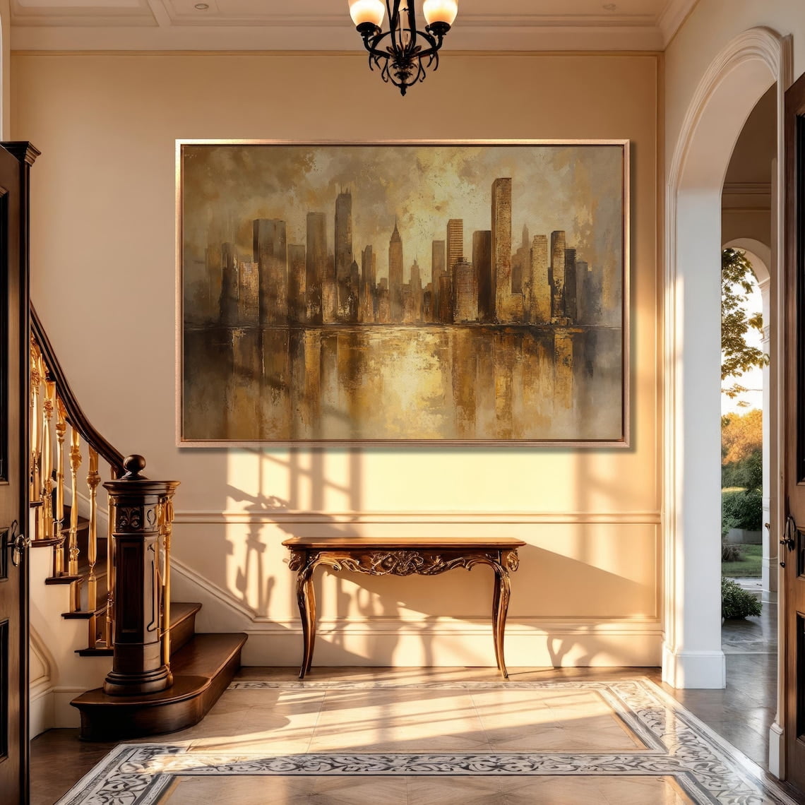Golden Cityscape Art: Modern Abstract Skyline Poster, Unframed Poster ...