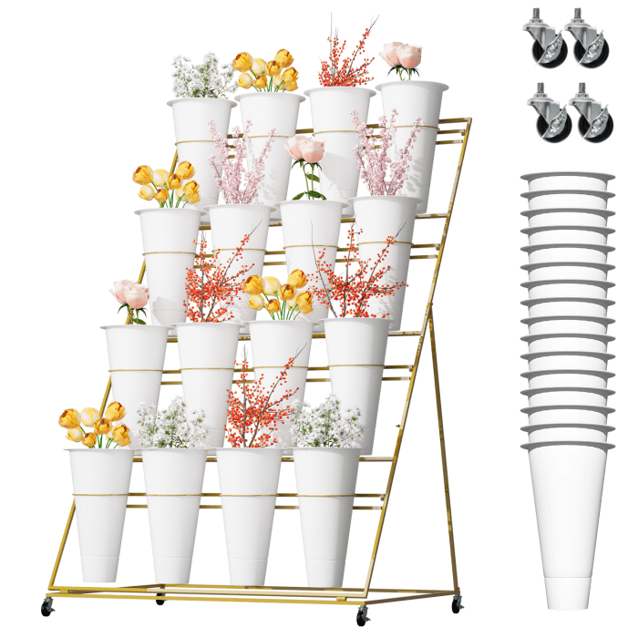 Golden Coated Flower Stand, 16 White Buckets 4 Tiered Design ...