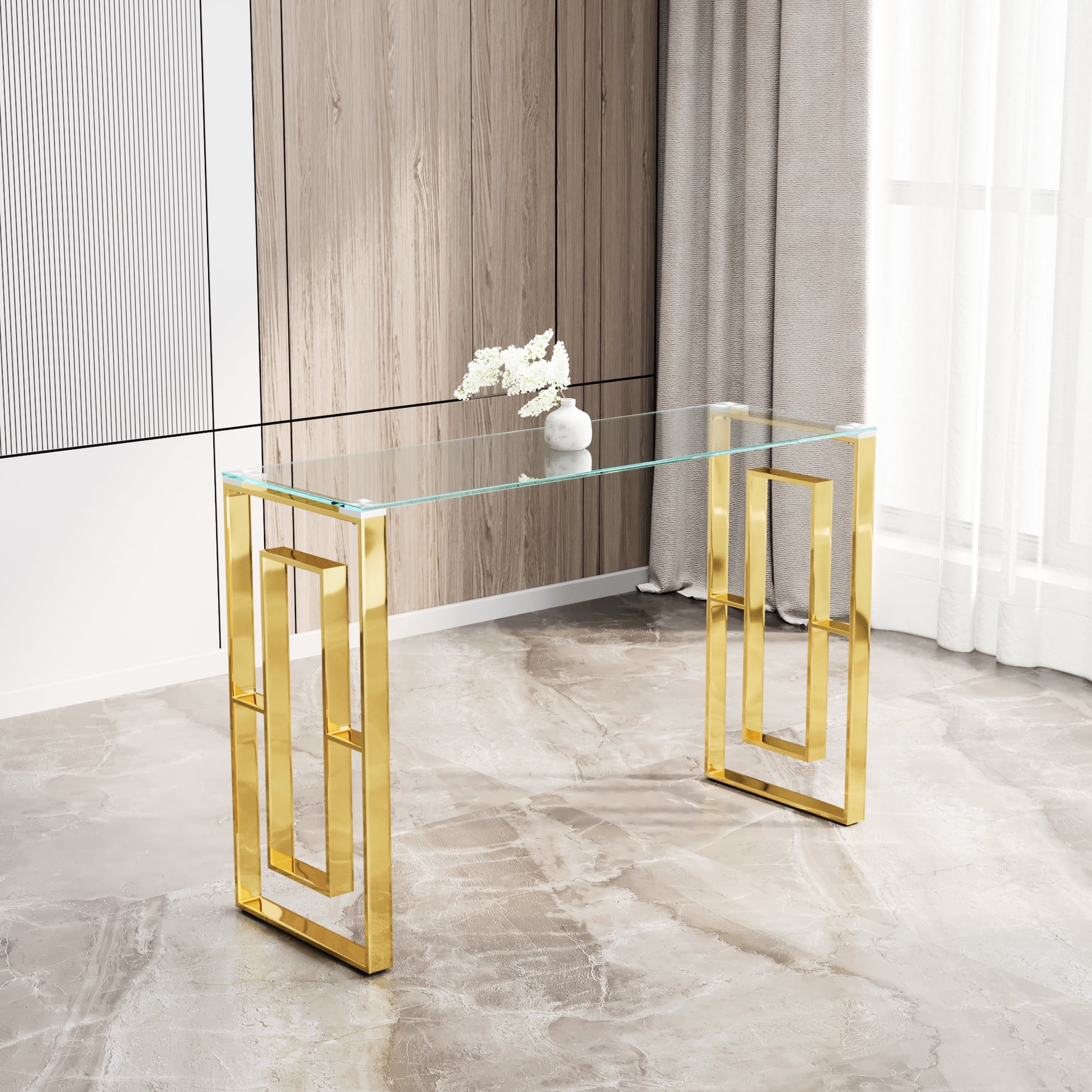 Golden Console Table - Stainless Steel, Clear Glass Top With Steel Legs ...