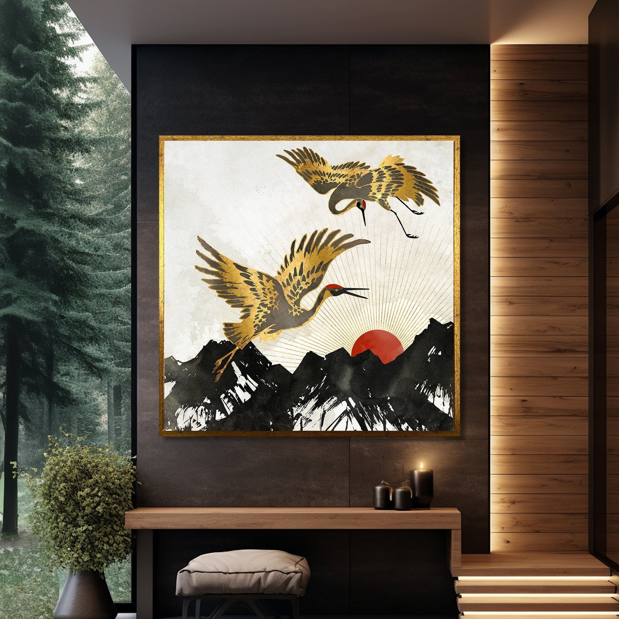 Golden Crane Art - Elegant Japanese Bird With Sun And Mountain Design ...