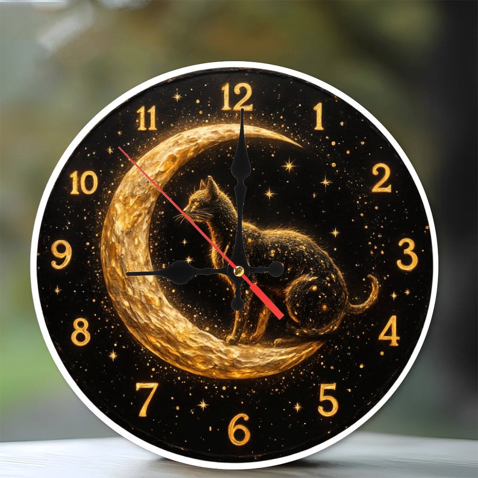 Golden Crescent Moon Cat Wall Clock Unique Home Decor 10-Inch Silent ...
