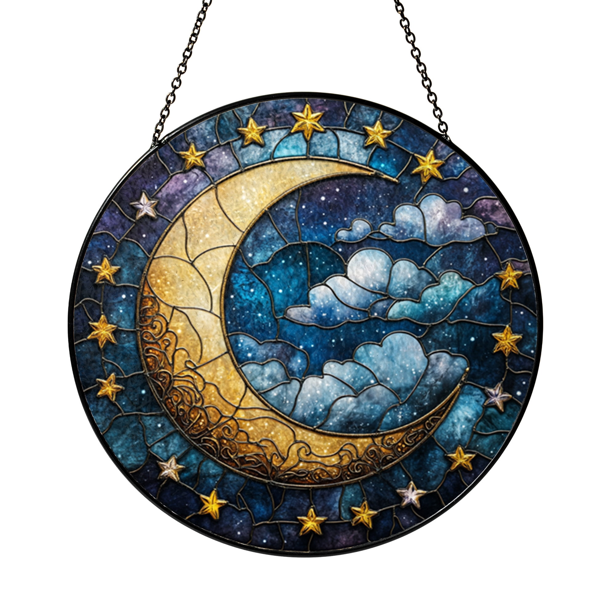 Golden Crescent Moon Stars Stained Glass Style Suncatcher Window ...