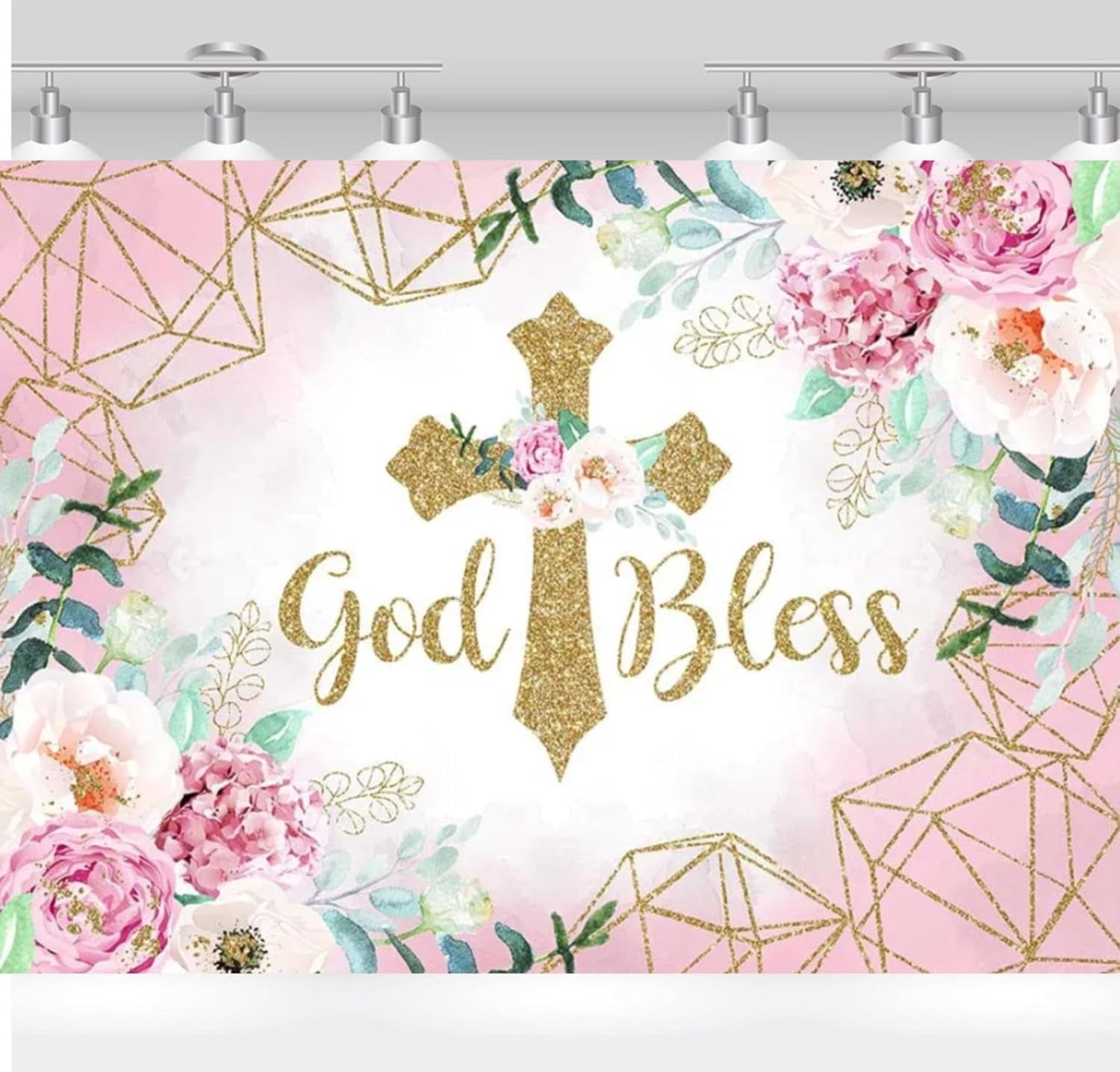Golden Cross God Bless Backdrop for Boy Girl Newborn Christening ...