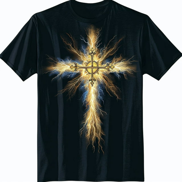 Golden Cross Lightning Christian Cross Black T Shirt Vector Graphics ...