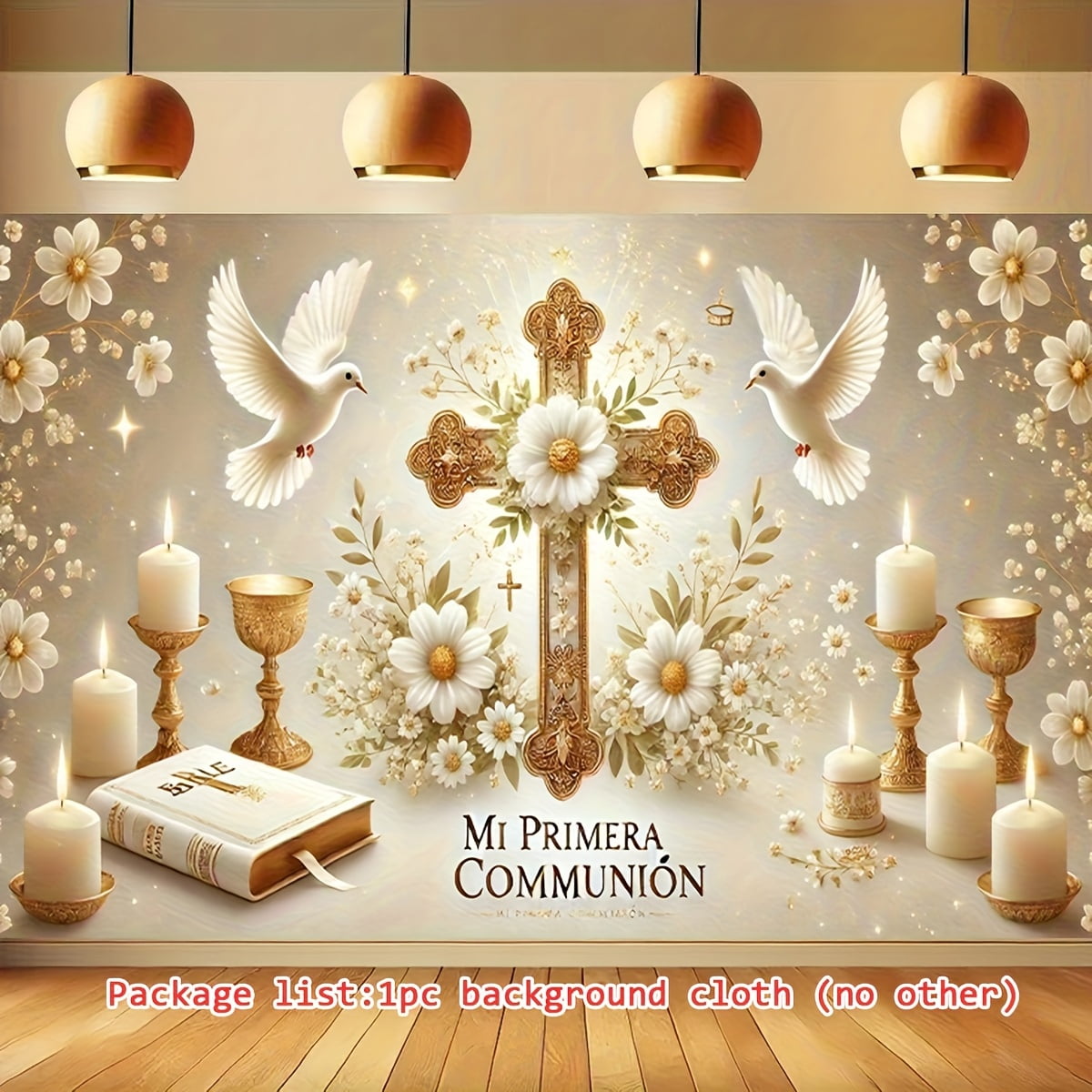 Golden Cross Mi Primera Comunion White Floral Baptism Party Decorations ...