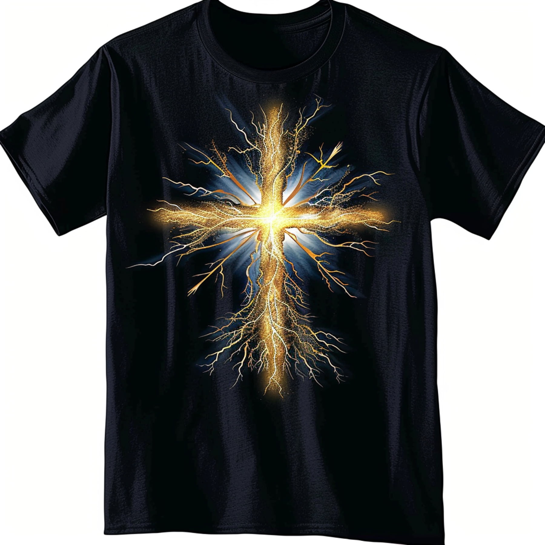 Golden Cross with Lightning Detailed T Shirt Design Illuminated ...